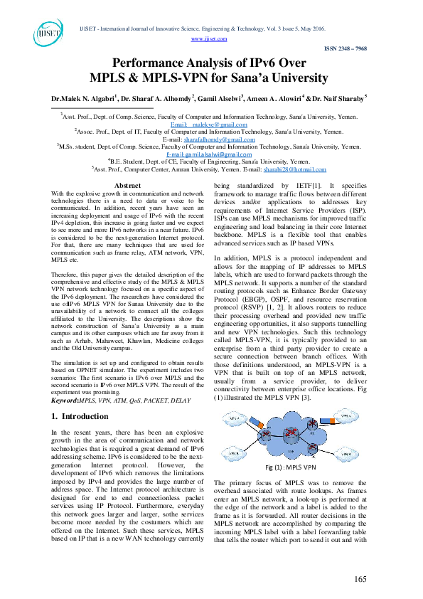 Pdf Performance Analysis Of Ipv6 Over Mpls And Mpls Vpn For Sanaa University