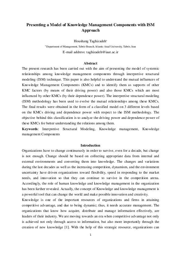 (PDF) Presenting a Model of Knowledge Management Components with ISM ...