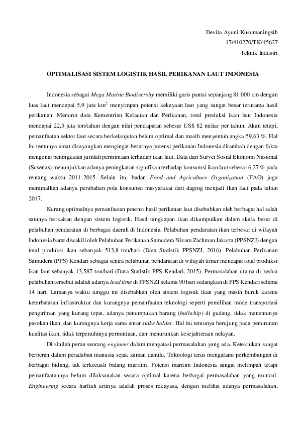 (DOC) OPTIMALISASI SISTEM LOGISTIK HASIL PERIKANAN LAUT INDONESIA