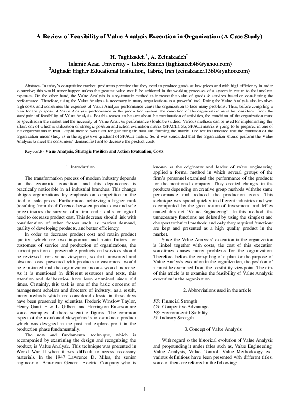 (PDF) A Review of Feasibility of Value Analysis Execution in ...