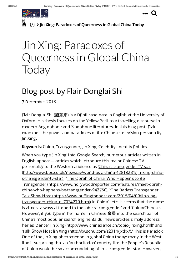(PDF) • “ Jin Xing: Paradoxes of Queerness in Global China Today” Queer ...