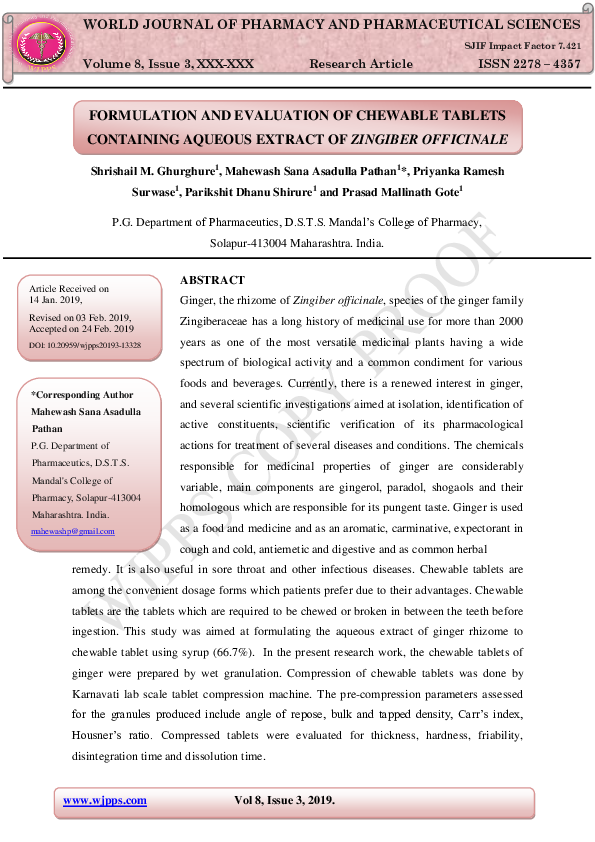Pdf Formulation And Evaluation Of Chewable Tablets Containing Aqueous Extract Of Zingiber