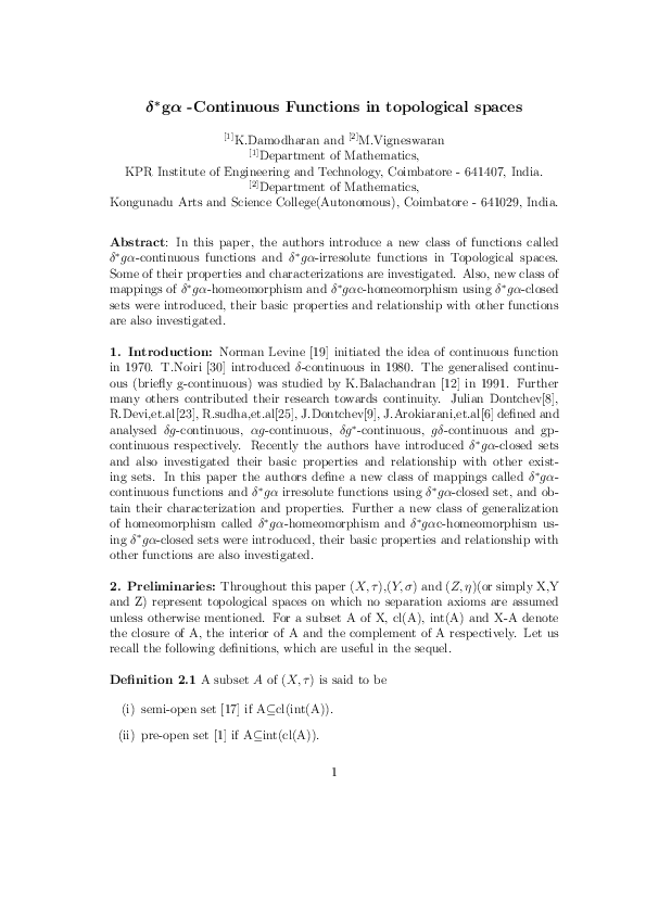 (PDF) δ * gα -Continuous Functions in topological spaces