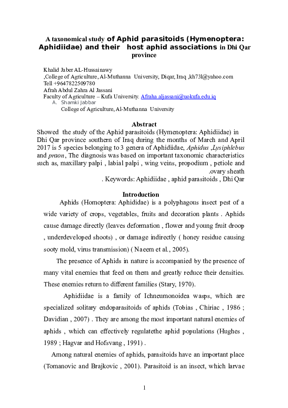 (DOC) A taxonomical study of Aphid parasitoids (Hymenoptera: Aphidiidae ...
