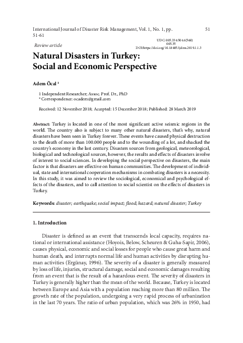 (PDF) Natural Disasters in Turkey: Social and Economic Perspective