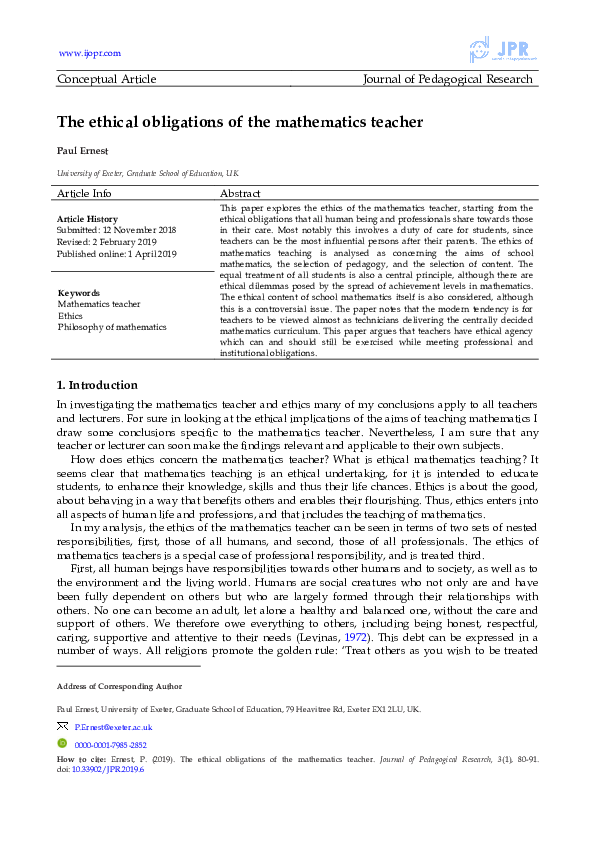 (PDF) The ethical obligations of the mathematics teacher