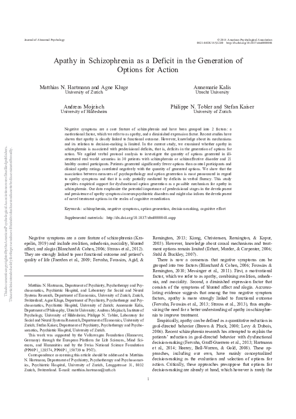 Pdf Apathy In Schizophrenia As A Deficit In The Generation Of Options For Action