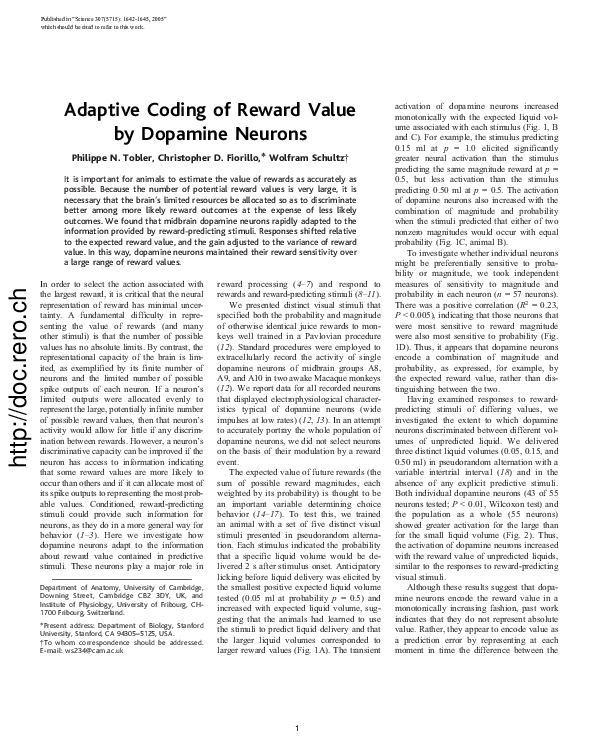 (PDF) Adaptive coding of reward value by dopamine neurons