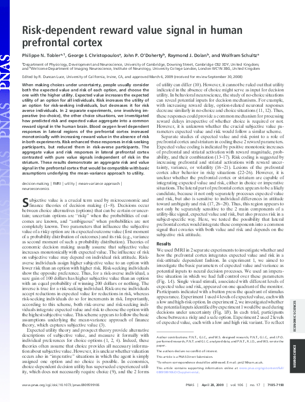 (PDF) Risk-dependent reward value signal in human prefrontal cortex