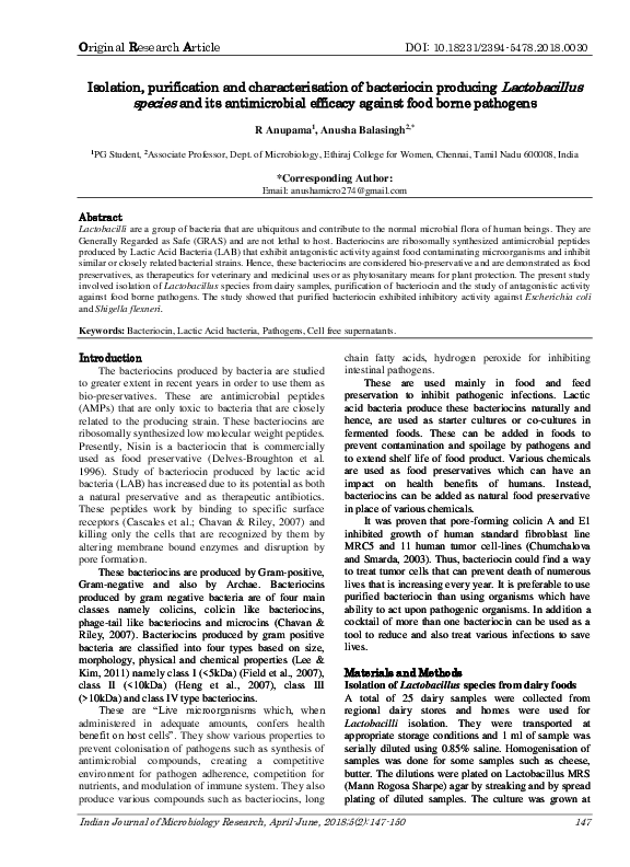 Pdf Isolation Purification And Characterisation Of Bacteriocin Producing Lactobacillus