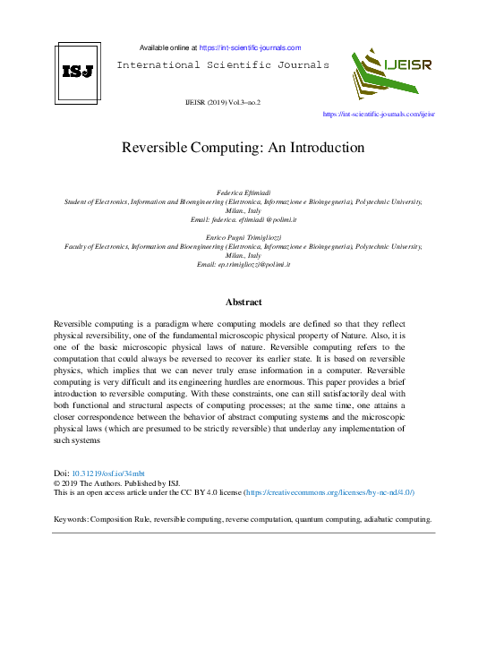 Pdf Reversible Computing An Introduction