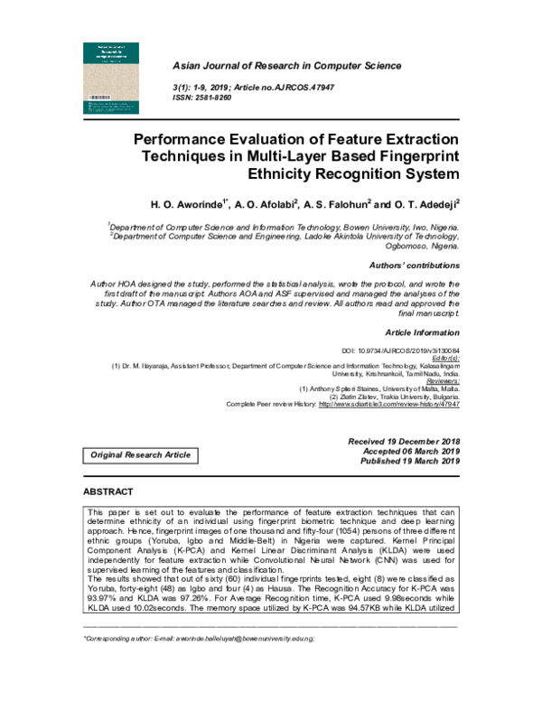 Pdf Performance Evaluation Of Feature Extraction Techniques In Multi Layer Based Fingerprint