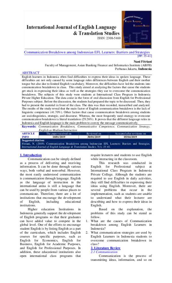 (PDF) Communication Breakdown among Indonesian EFL Learners: Barriers ...