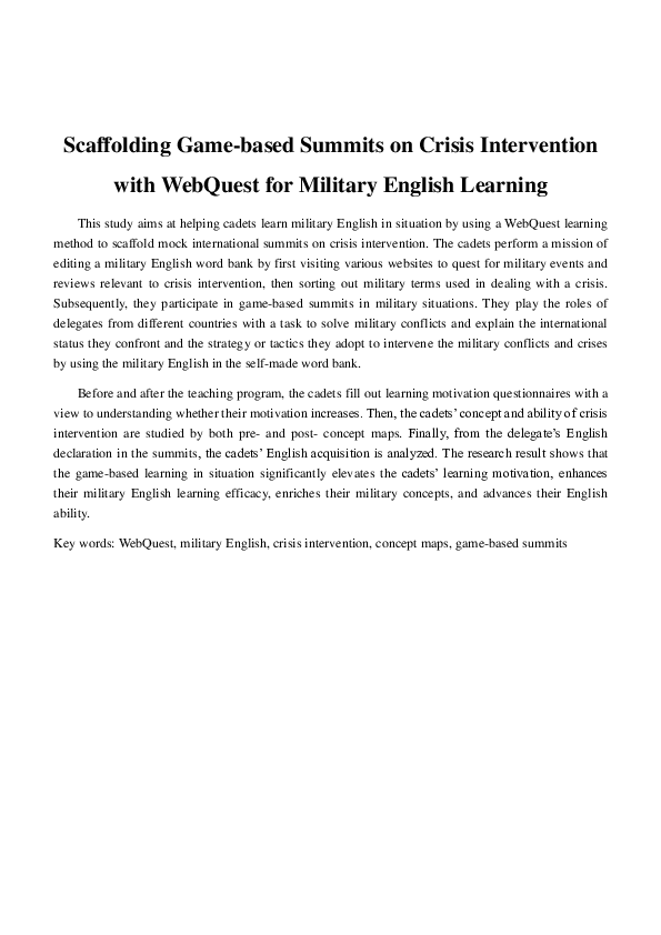 (PDF) Scaffolding Game-based Summits on Crisis Intervention with WebQuest for Military English ...