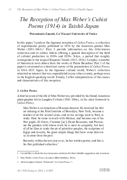 (PDF) The Reception of Max Weber’s Cubist Poems (1914) in Taishō Japan