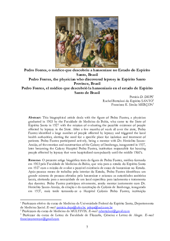(PDF) Pedro Fontes, o médico que descobriu a hanseníase no Estado do ...