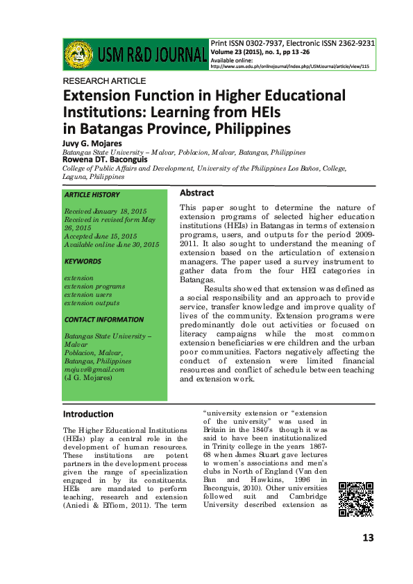 (PDF) Extension Function of Higher Educational Institutions: Learning ...