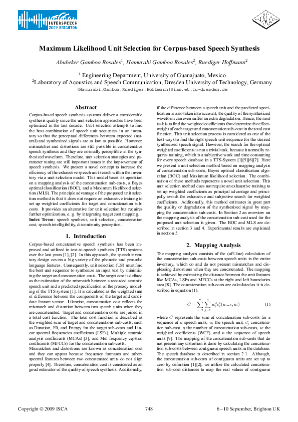 Pdf Maximum Likelihood Unit Selection For Corpus Based Speech Synthesis