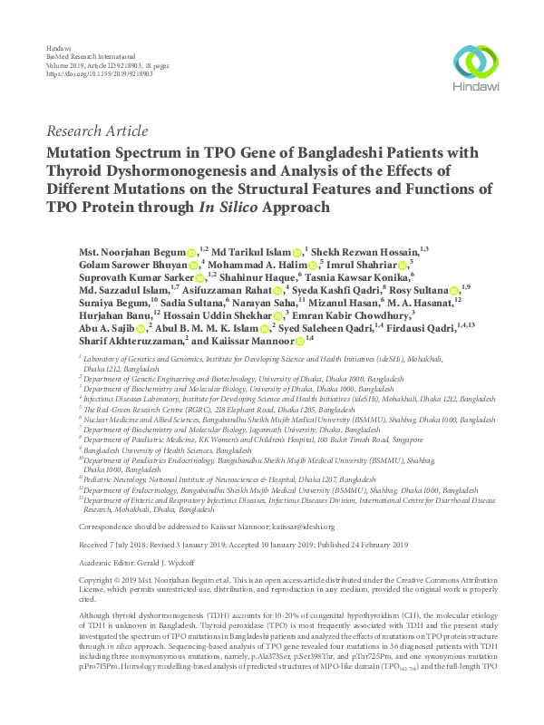 (PDF) Mutation Spectrum in TPO Gene of Bangladeshi Patients with ...