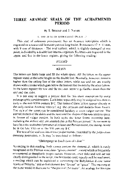 (PDF) Shaul Shaked and Joseph Naveh, “Three Aramaic Seals of the ...