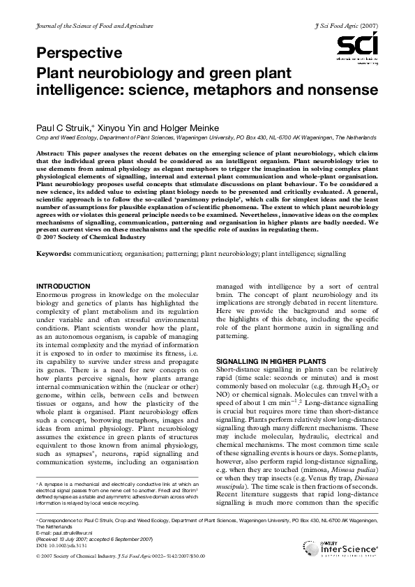 (PDF) Perspective-Plant neurobiology and green plant intelligence ...