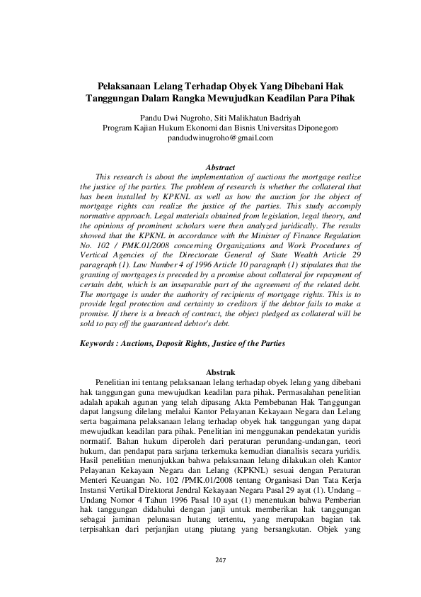 (PDF) Pelaksanaan Lelang Terhadap Obyek Yang Dibebani Hak Tanggungan Dalam Rangka Mewujudkan ...