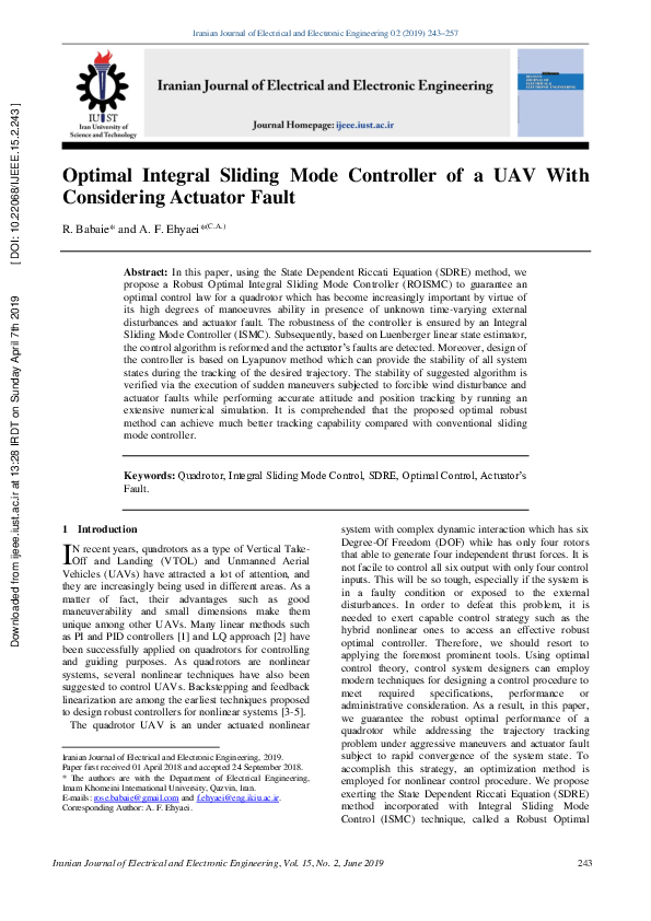 (PDF) Optimal Integral Sliding Mode Controller of a UAV With Considering Actuator Fault
