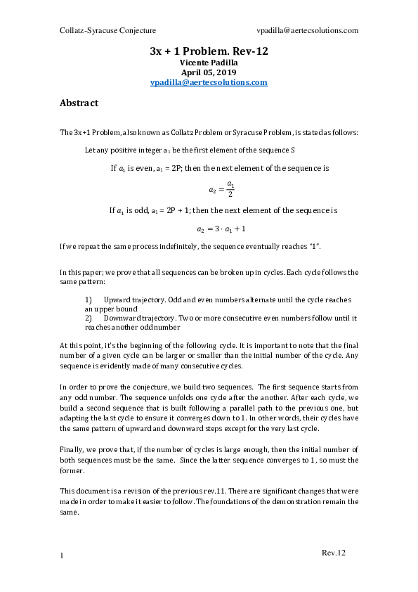 (PDF) 3x + 1 Problem. Rev-12 | Vicente Padilla - Academia.edu