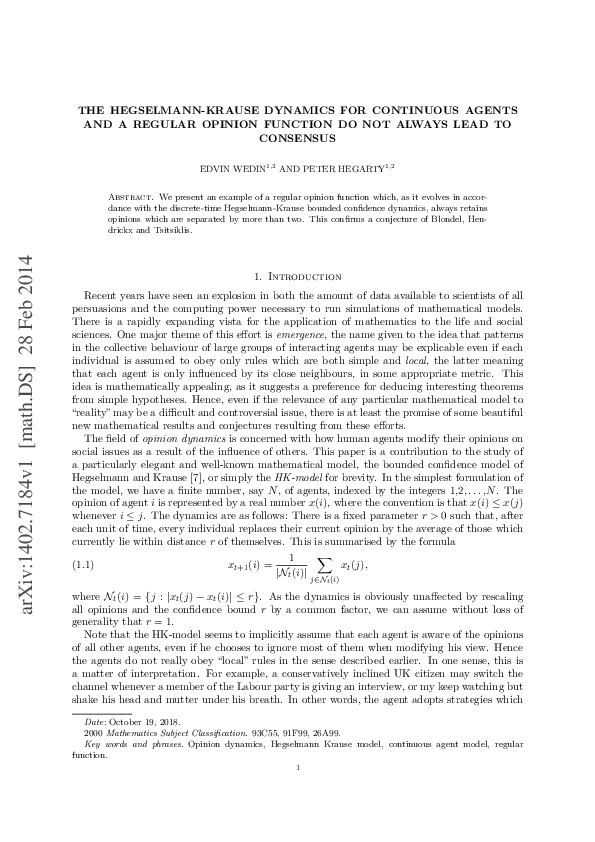 (PDF) The Hegselmann-Krause dynamics for continuous agents and a regular opinion function do not ...