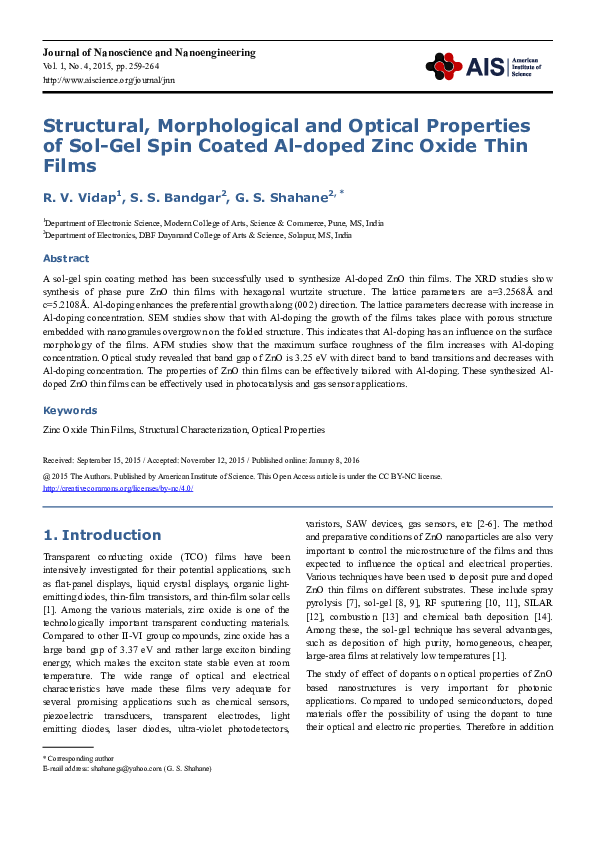 (PDF) Structural, Morphological and Optical Properties of Sol-Gel Spin Coated Al-doped Zinc ...