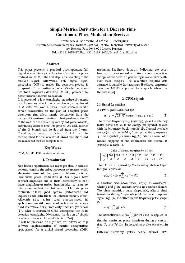 (PDF) Simple Metrics Derivation for a Discrete Time Continuous Phase Modulations Receiver