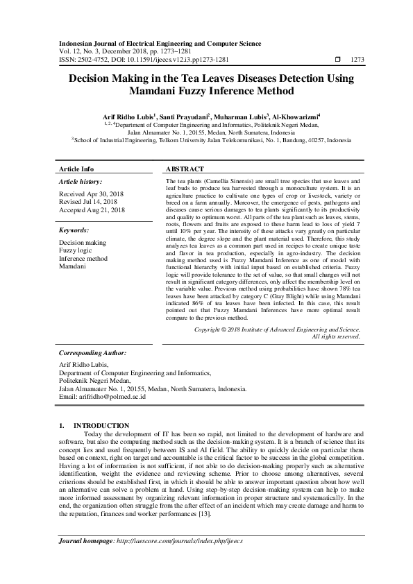 (PDF) Decision Making in the Tea Leaves Diseases Detection Using ...