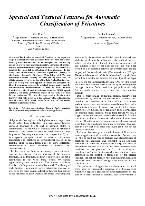 (PDF) Spectral and textural features for automatic classification of fricatives