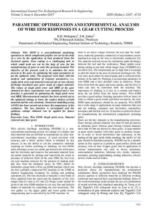 (PDF) PARAMETRIC OPTIMIZATION AND EXPERIMENTAL ANALYSIS OF WIRE EDM RESPONSES IN A GEAR CUTTING ...