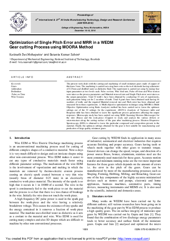 Pdf Optimization Of Single Pitch Error And Mrr In A Wedm Gear Cutting Process Using Moora Method