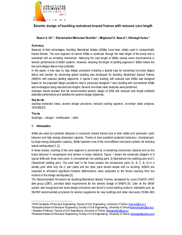 Pdf Seismic Design Of Buckling Restrained Braced Frames With Reduced Core Length