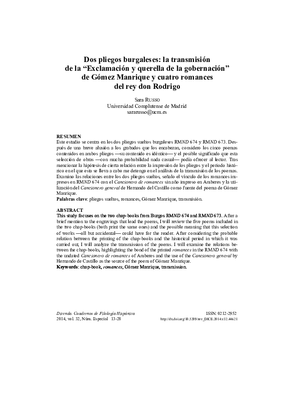 (PDF) Dos pliegos burgaleses: la transmisión de la "Exclamación y ...