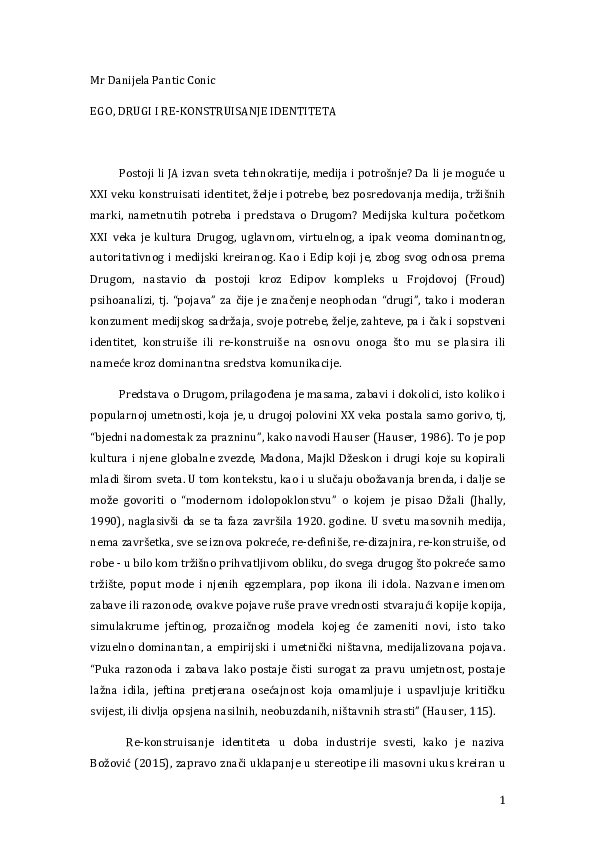 (PDF) Mr Danijela Pantic Conic EGO, DRUGI I RE-KONSTRUISANJE IDENTITETA