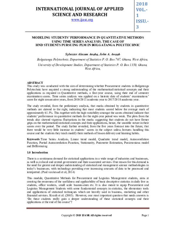 (PDF) MODELING STUDENTS' PERFORMANCE IN QUANTITATIVE METHODS USING TIME ...