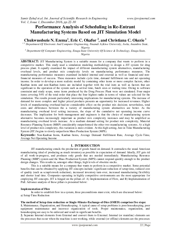 Pdf Performance Analysis Of Scheduling In Re Entrant Manufacturing Systems Based On Jit
