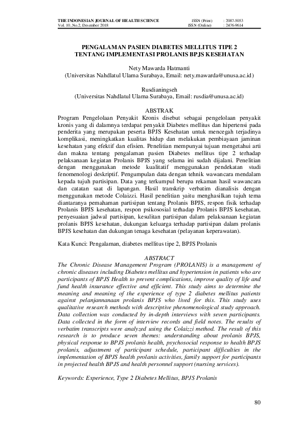 (PDF) PENGALAMAN PASIEN DIABETES MELLITUS TIPE 2 TENTANG IMPLEMENTASI ...