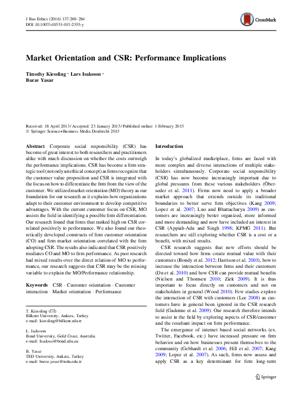 (PDF) Market Orientation and CSR: Performance Implications