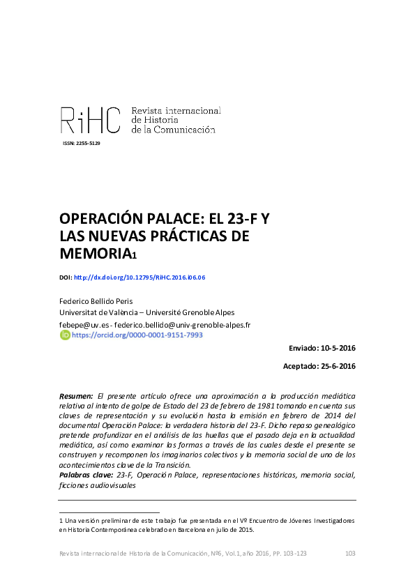 (PDF) OPERACIÓN PALACE: EL 23-F Y LAS NUEVAS PRÁCTICAS DE MEMORIA1