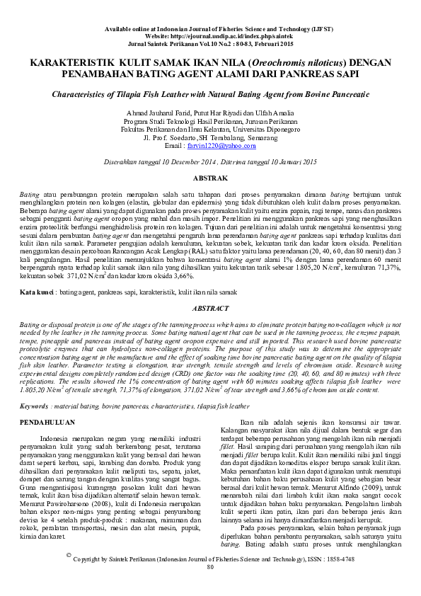 (PDF) KARAKTERISTIK KULIT SAMAK IKAN NILA (Oreochromis niloticus ...