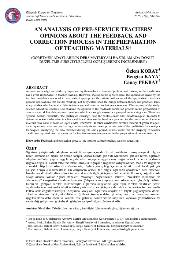 (PDF) AN ANALYSIS OF PRE-SERVICE TEACHERS' OPINIONS ABOUT THE FEEDBACK ...