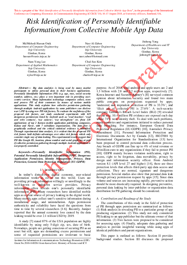 (PDF) Risk Identification of Personally Identifiable Information from ...