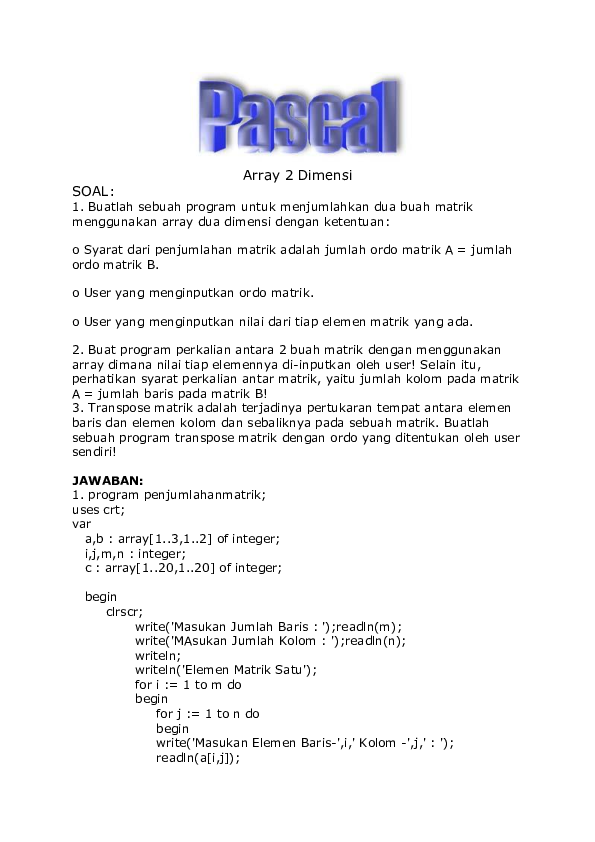 (DOC) Array 2 Dimensi Pada Pascal