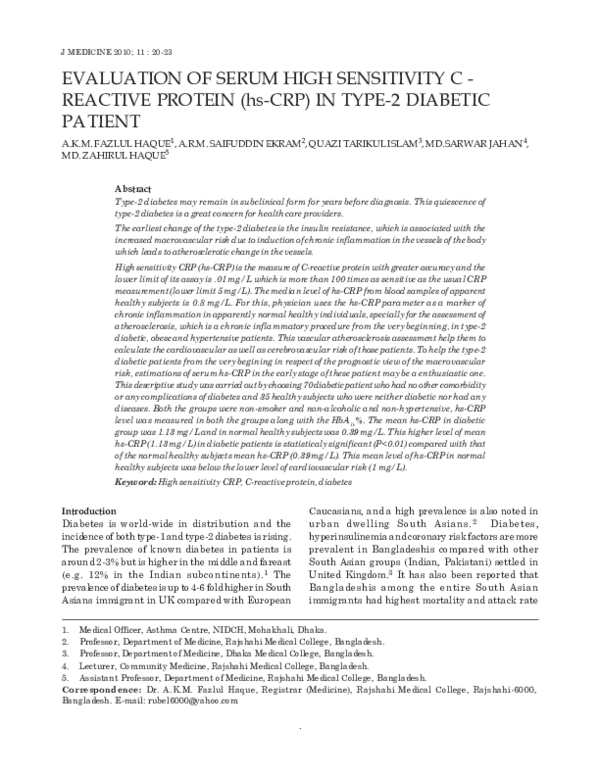 (PDF) Evaluation of Serum High Sensitivity C-reactive Protein (hs-CRP) In Type-2 Diabetic Patient