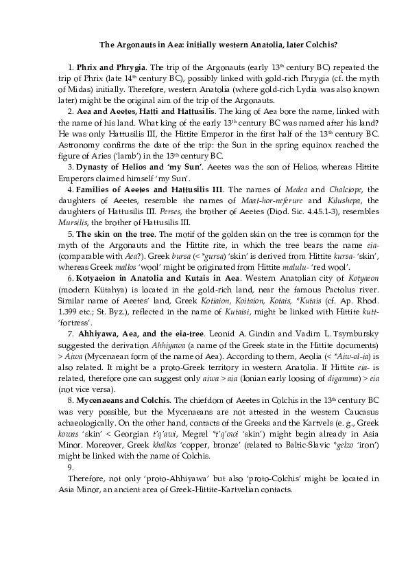 (DOC) The Argonauts in Aea: initially western Anatolia, later Colchis?