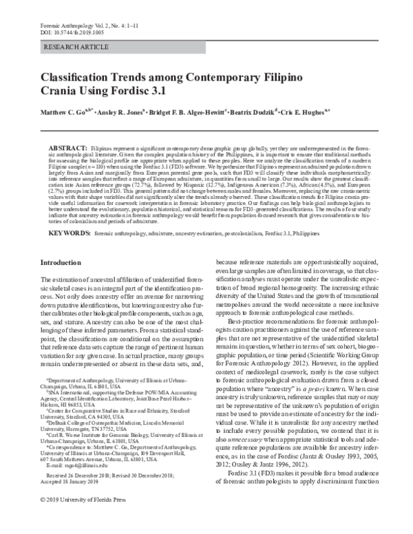 (PDF) Classification Trends Among Modern Filipino Crania Using Fordisc 3.1